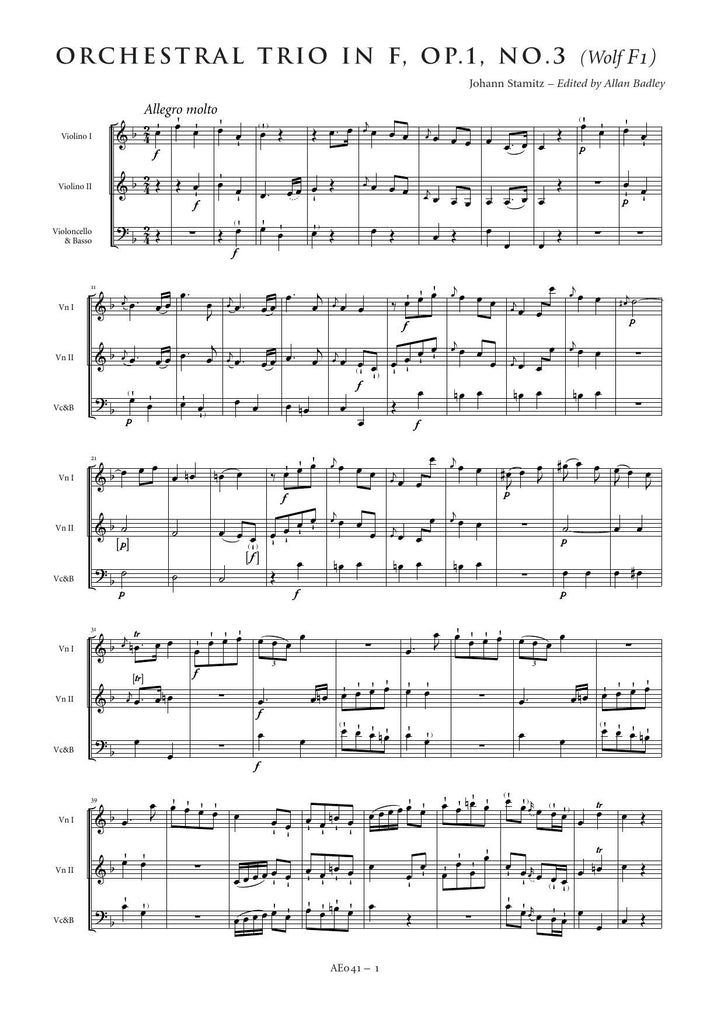 Johann Stamitz: Orchestral Trio in F major, Op. 1 – Sheet Music