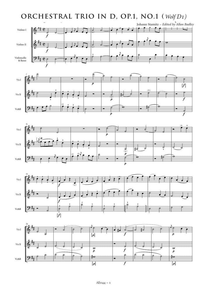 Johann Stamitz: Orchestral Trio in D major, Op. 1 – Sheet Music