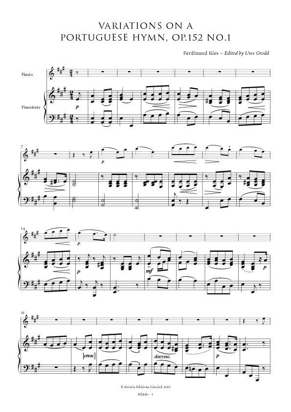 Ries: Variations for Piano & Flute on a Portuguese Hymn – Sheet Music